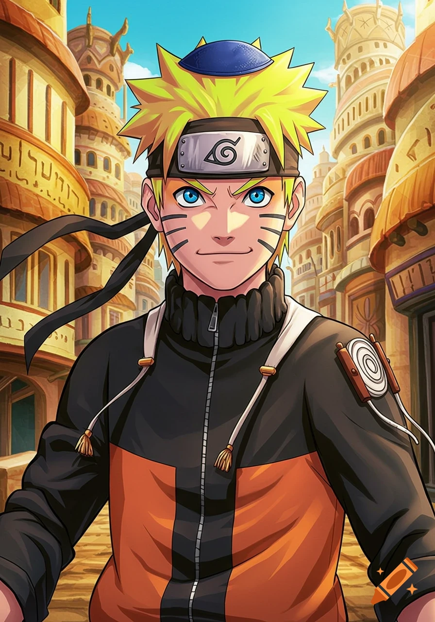 Close-up, half-body shot of Naruto from the anime series, wearing his ...