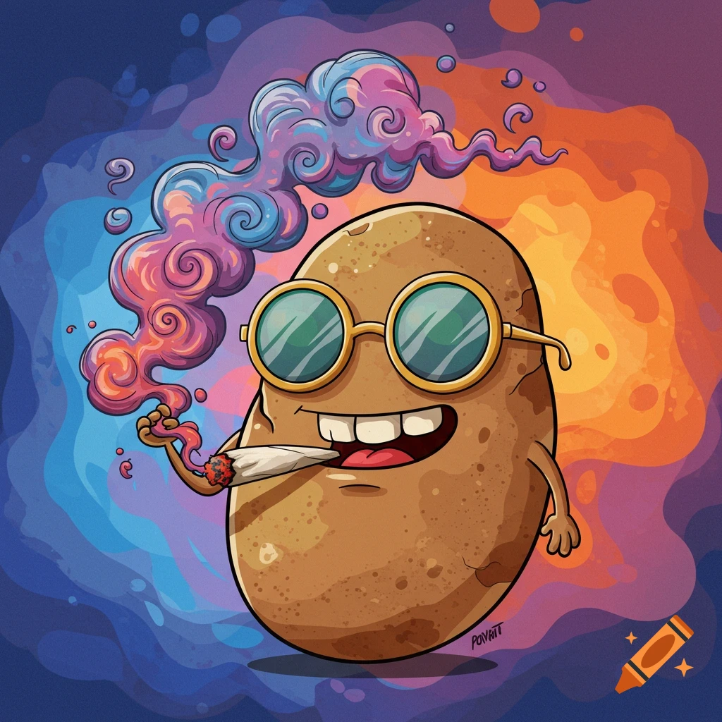 A smiling cartoon potato wearing round sunglasses, holding and smoking ...