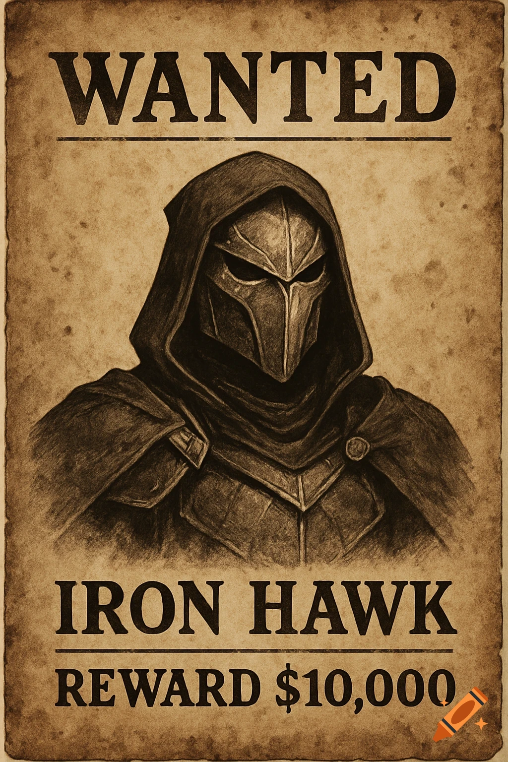 A sepia-toned wanted poster features a hooded, armored figure with a ...