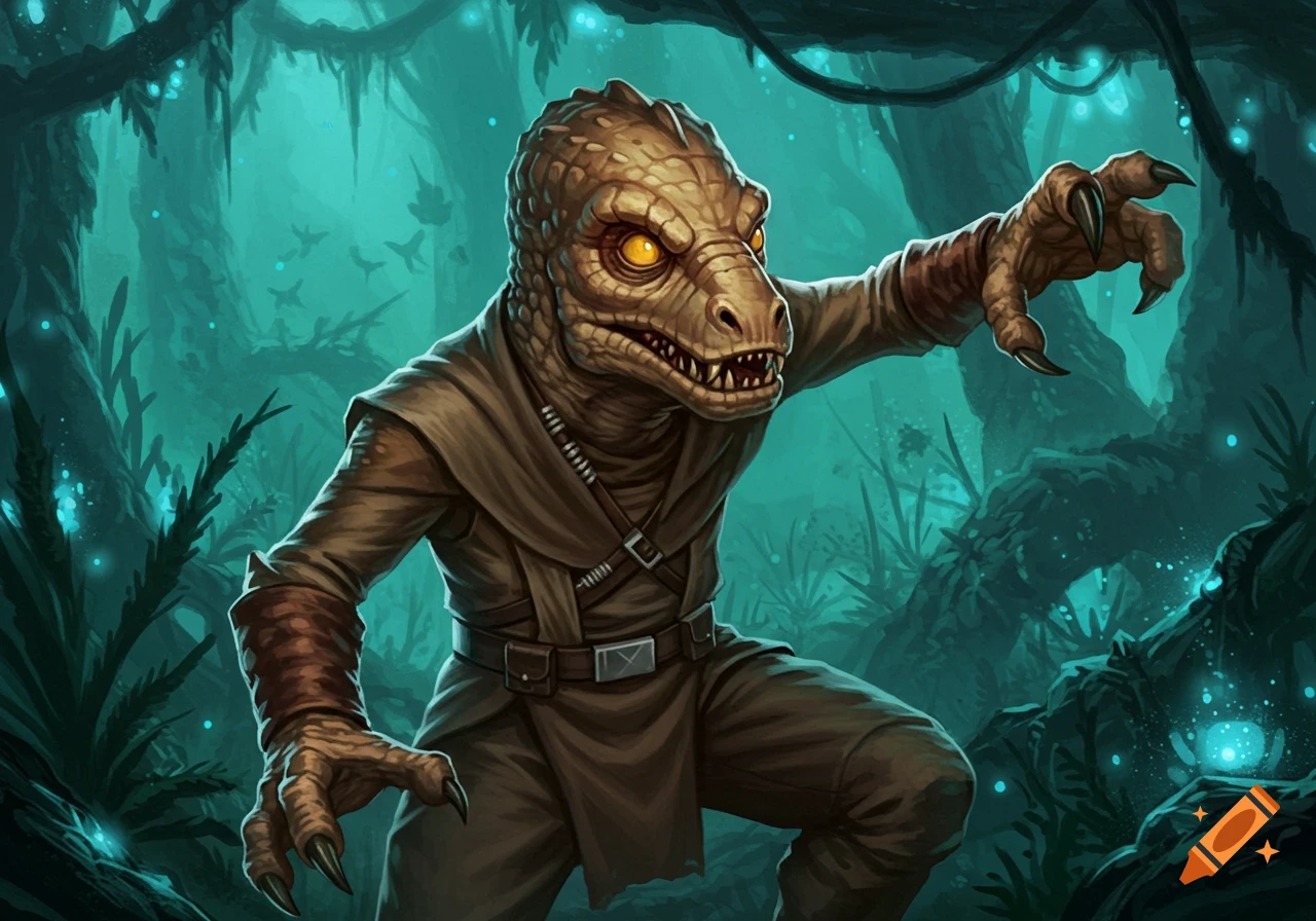 A reptilian Trandoshan alien in brown robes with glowing yellow eyes ...