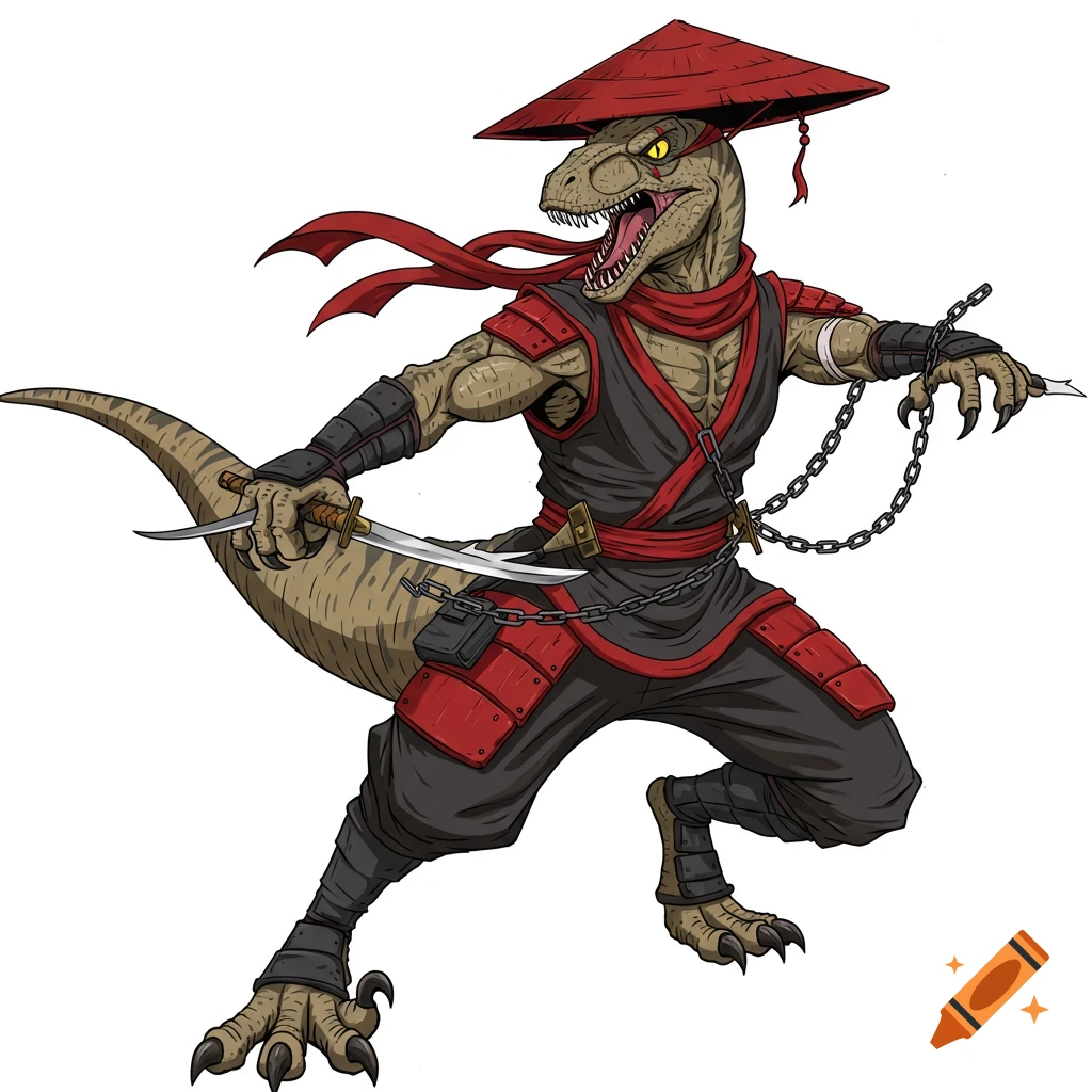 A muscular, fierce-looking velociraptor in a red conical hat and black ...