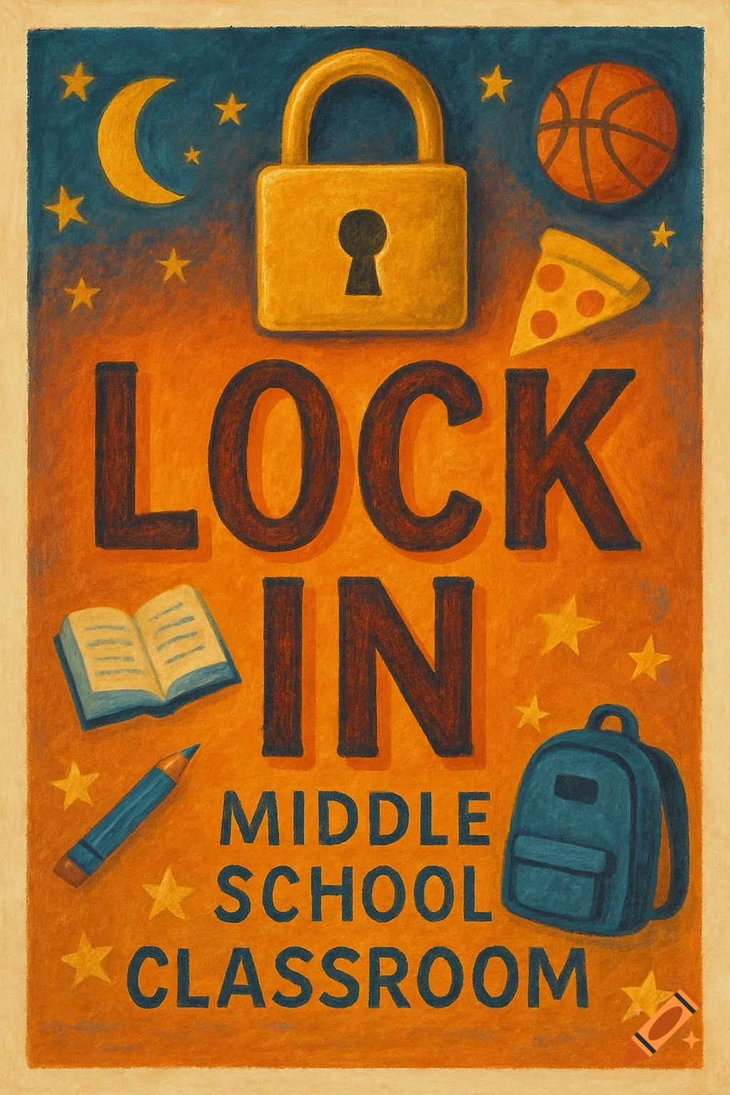 A colorful poster with a padlock, moon, stars, basketball, pizza, book ...
