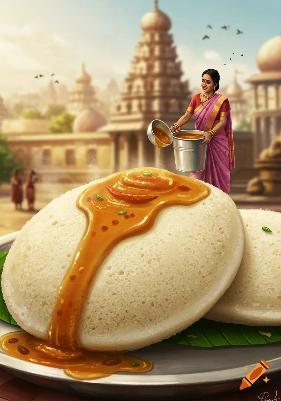 Two large idlis covered in sambar and chilies on a plate, with a woman ...