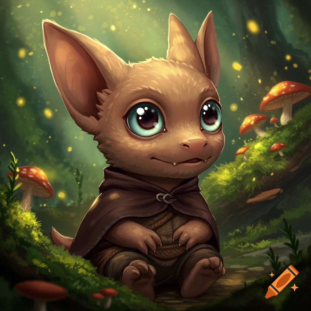 A cute, brown, big-eyed kobold child wearing a brown cloak sits in a ...