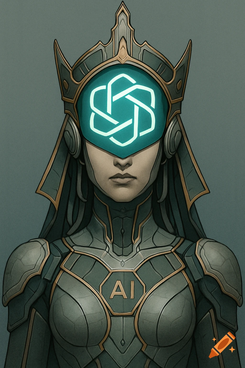 A futuristic queen in armor with an AI logo on her head and chest. on ...