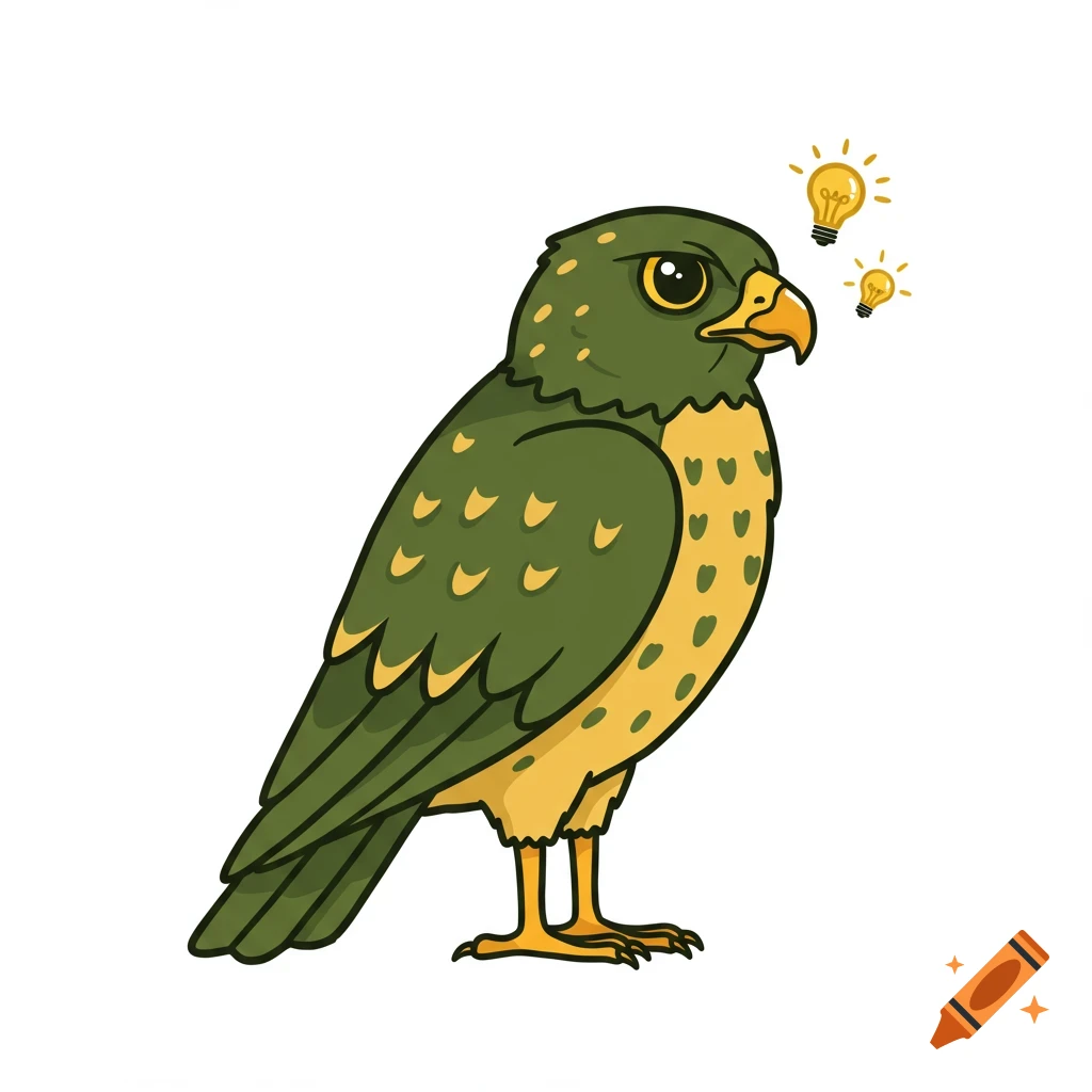 A cartoon green and gold hawk stands with two glowing yellow lightbulbs ...