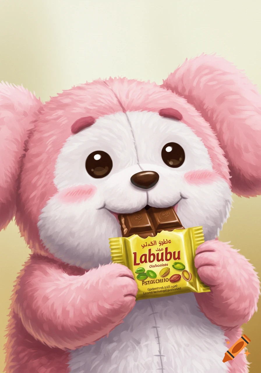 A cute pink and white fuzzy Labubu character with big eyes happily ...