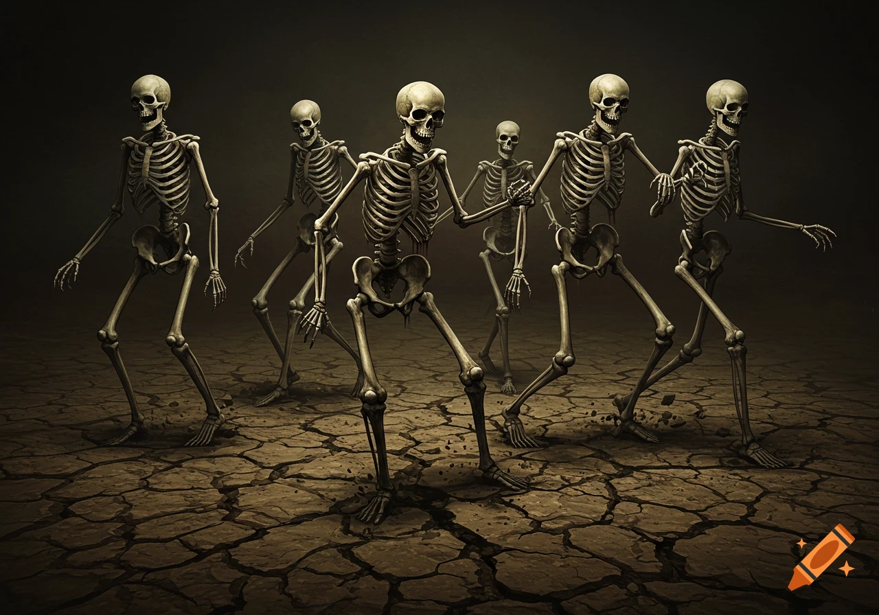 Six skeletons dance on dry, cracked earth in a dark, atmospheric ...