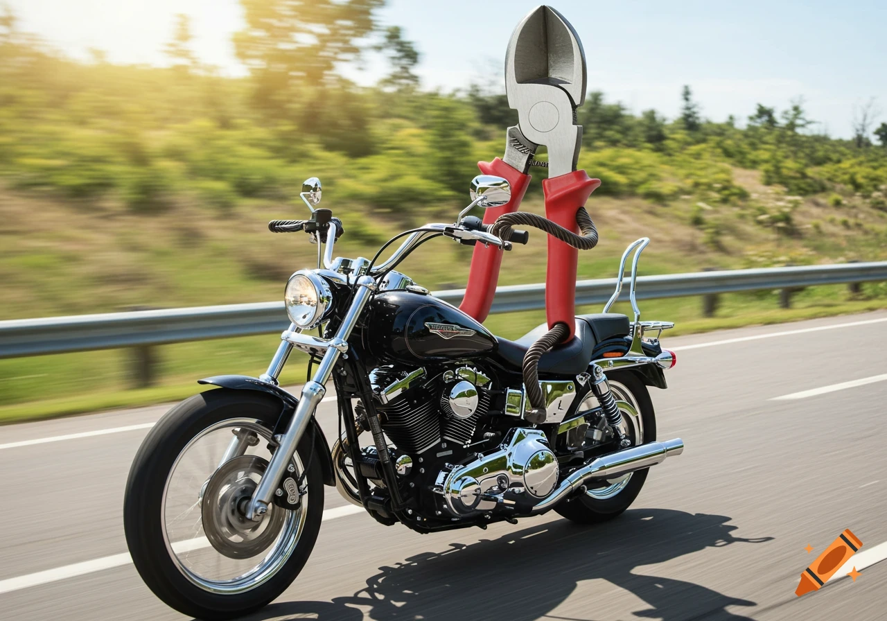 A photorealistic image of a large pair of red wire cutters riding a ...