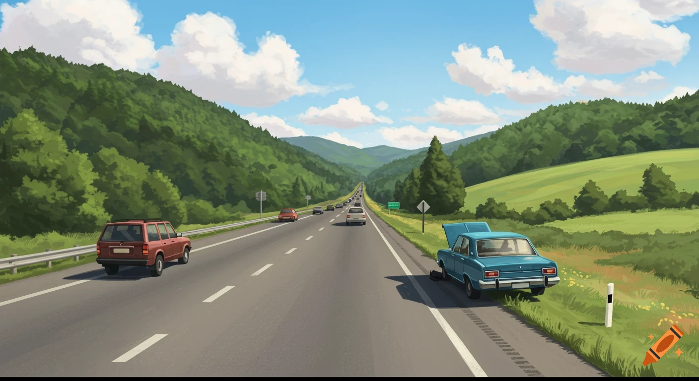 Illustrative highway scene with cars driving through treed hills, one ...