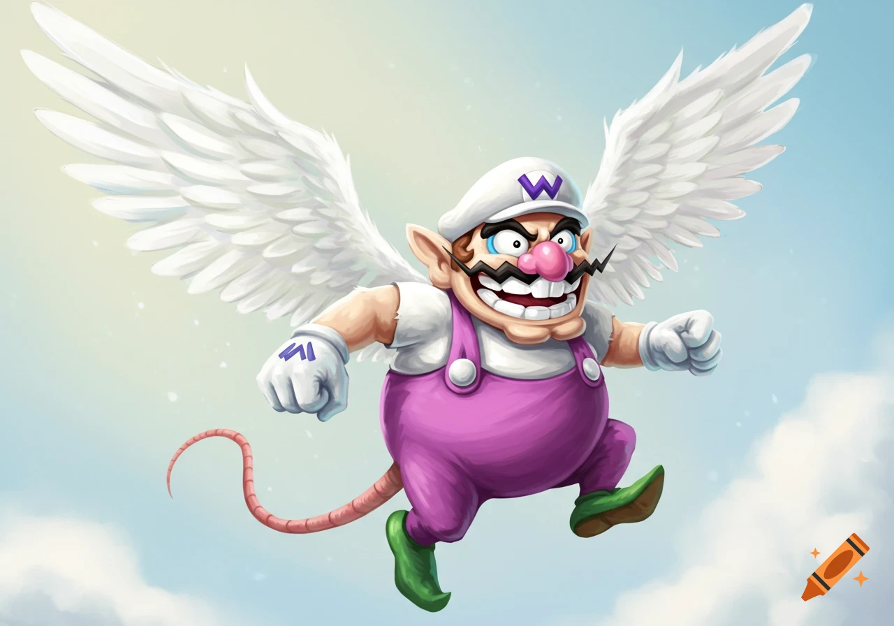 An angry, winged Wario with a rat tail, wearing a white cap with a ...