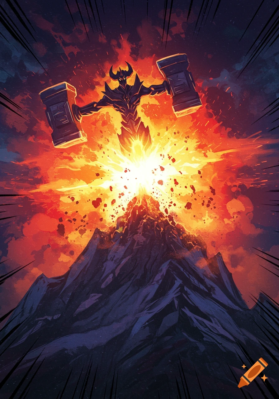 A horned, armored figure with large hammers stands over an exploding ...