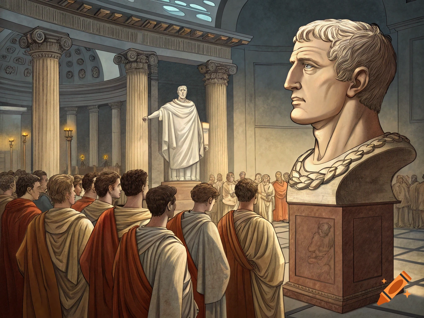 Illustrated scene of Roman officials gathered in a grand hall, facing a ...
