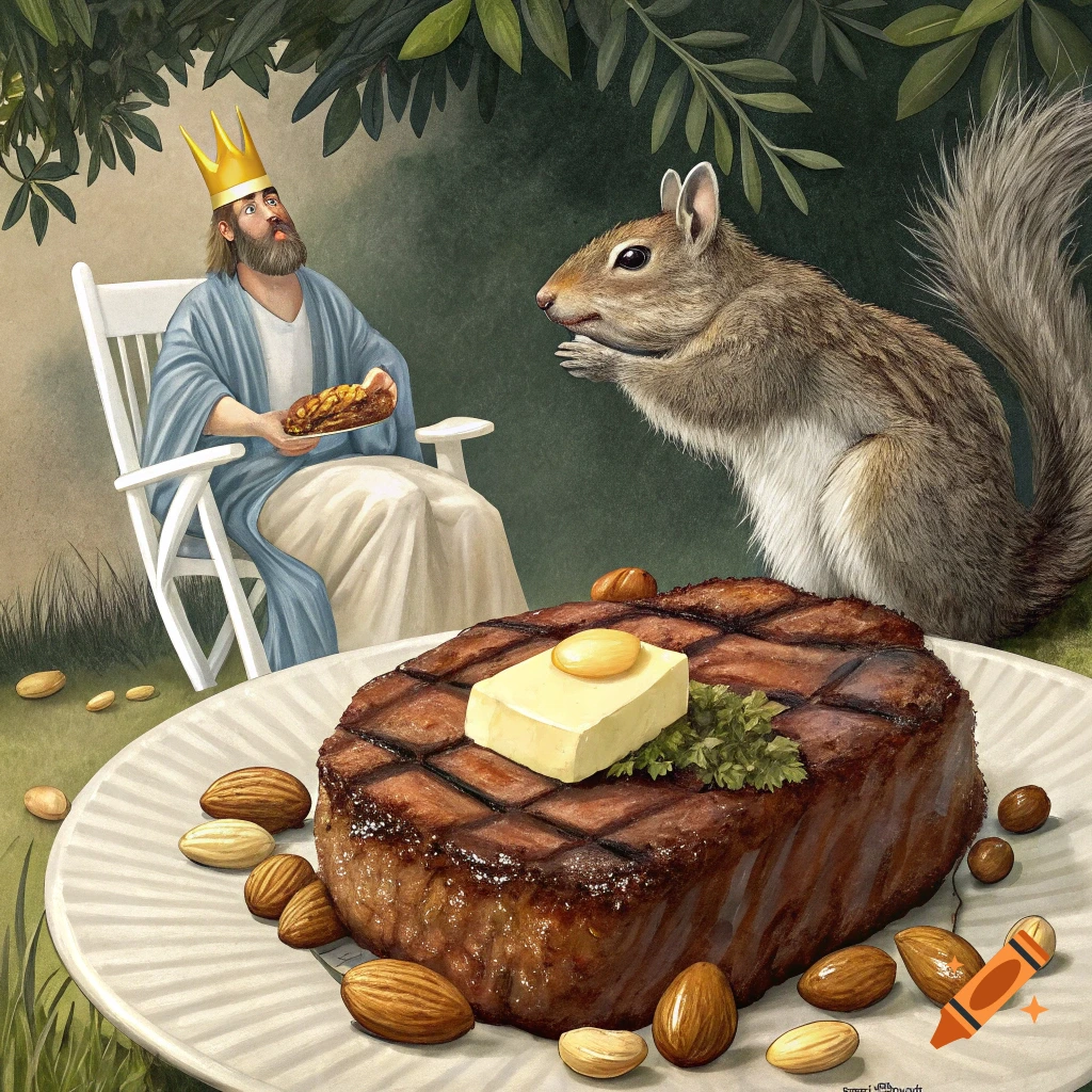 A king in a robe and crown sits in a rocking chair, holding a bread ...