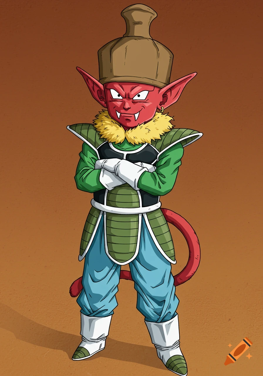 A red-skinned, pointy-eared, fanged humanoid in anime style, wearing a ...