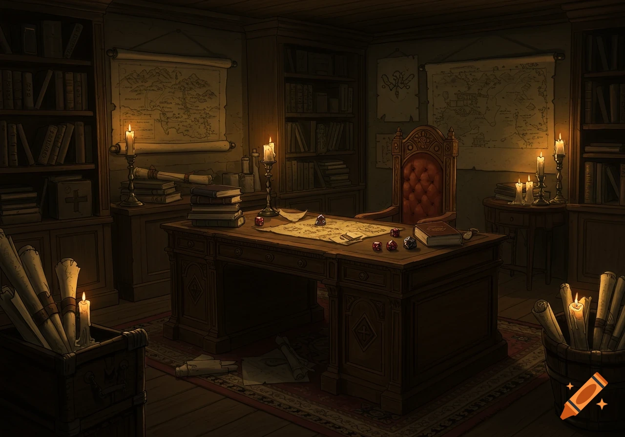 A dimly lit, vintage fantasy study with a large wooden desk, an ornate ...