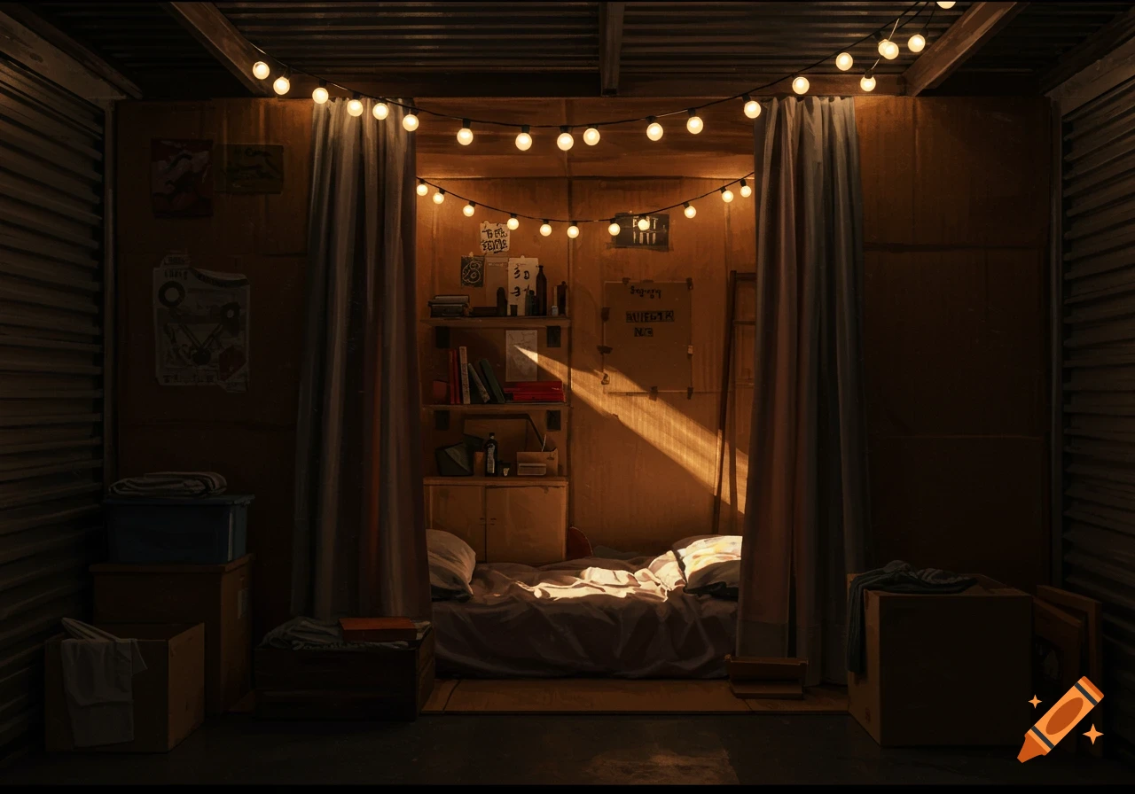 A cozy, dimly lit makeshift apartment in a storage unit, featuring ...