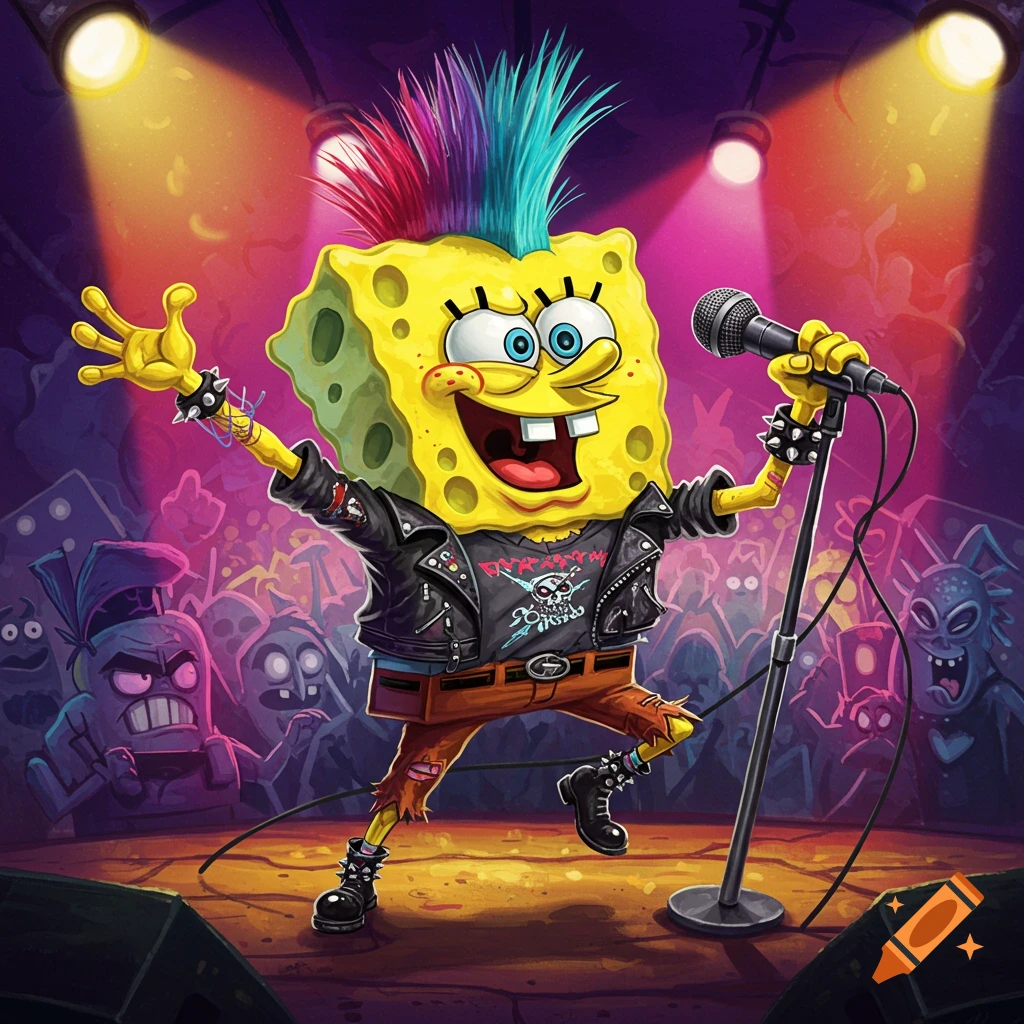 Spongebob Squarepants as a punk rockstar with a colorful mohawk, black ...