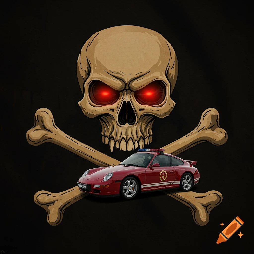 A stylized skull with glowing red eyes and crossed bones in the ...