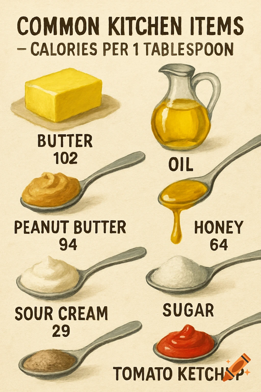 Infographic showing common kitchen items with calories per tablespoon ...