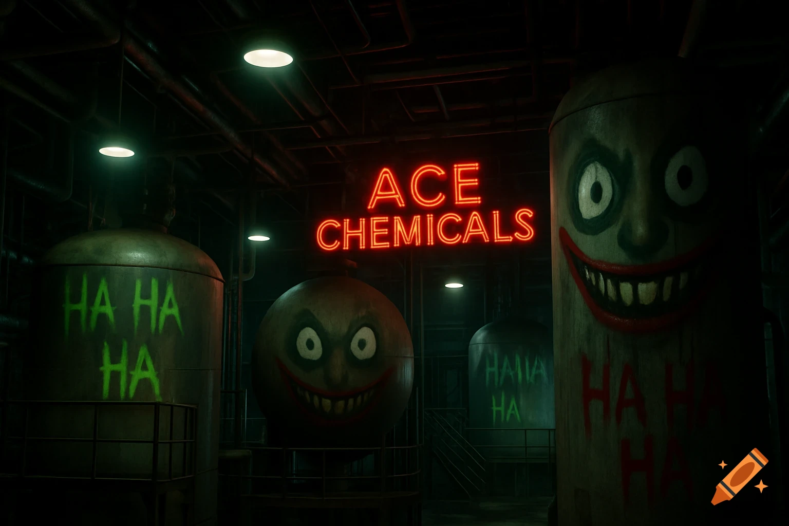 Dark, eerie interior of Ace Chemicals with large tanks painted with ...