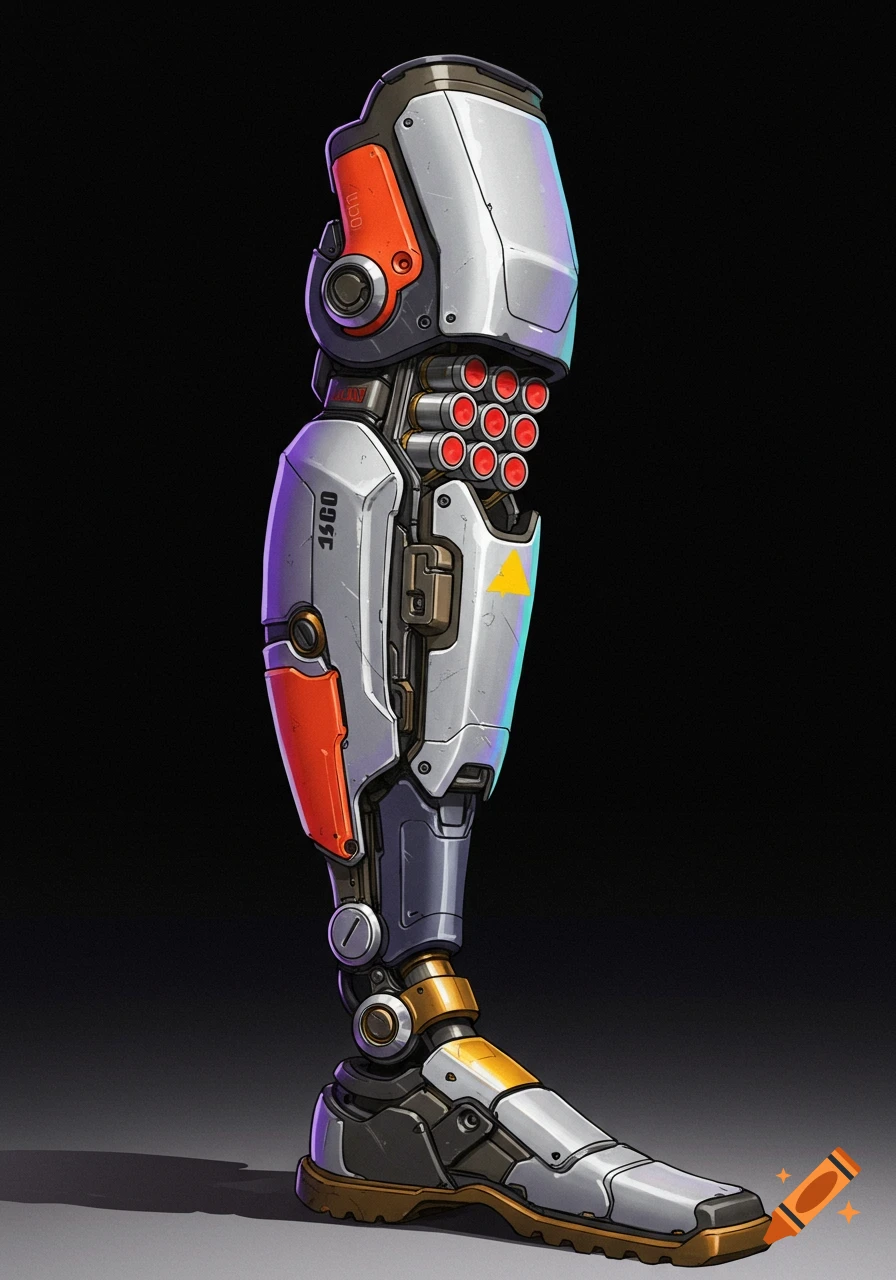 A detailed illustration of a futuristic prosthetic leg with orange and ...