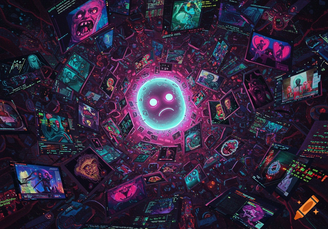 A neon sad face emoji at the center of a swirling vortex of glowing ...