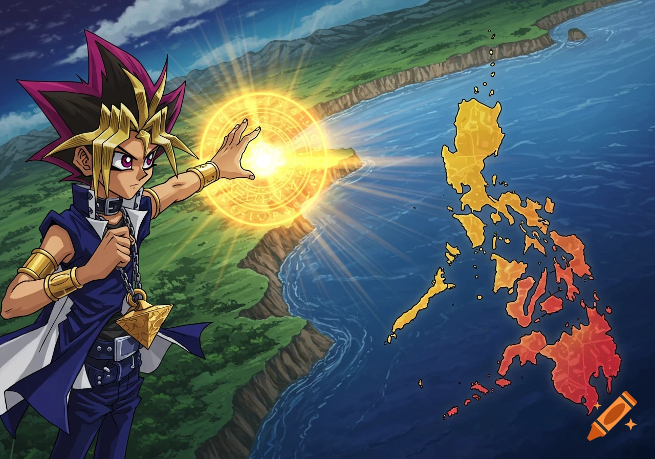 Yami Yugi from Yu-Gi-Oh! casting a spell towards a map of the ...