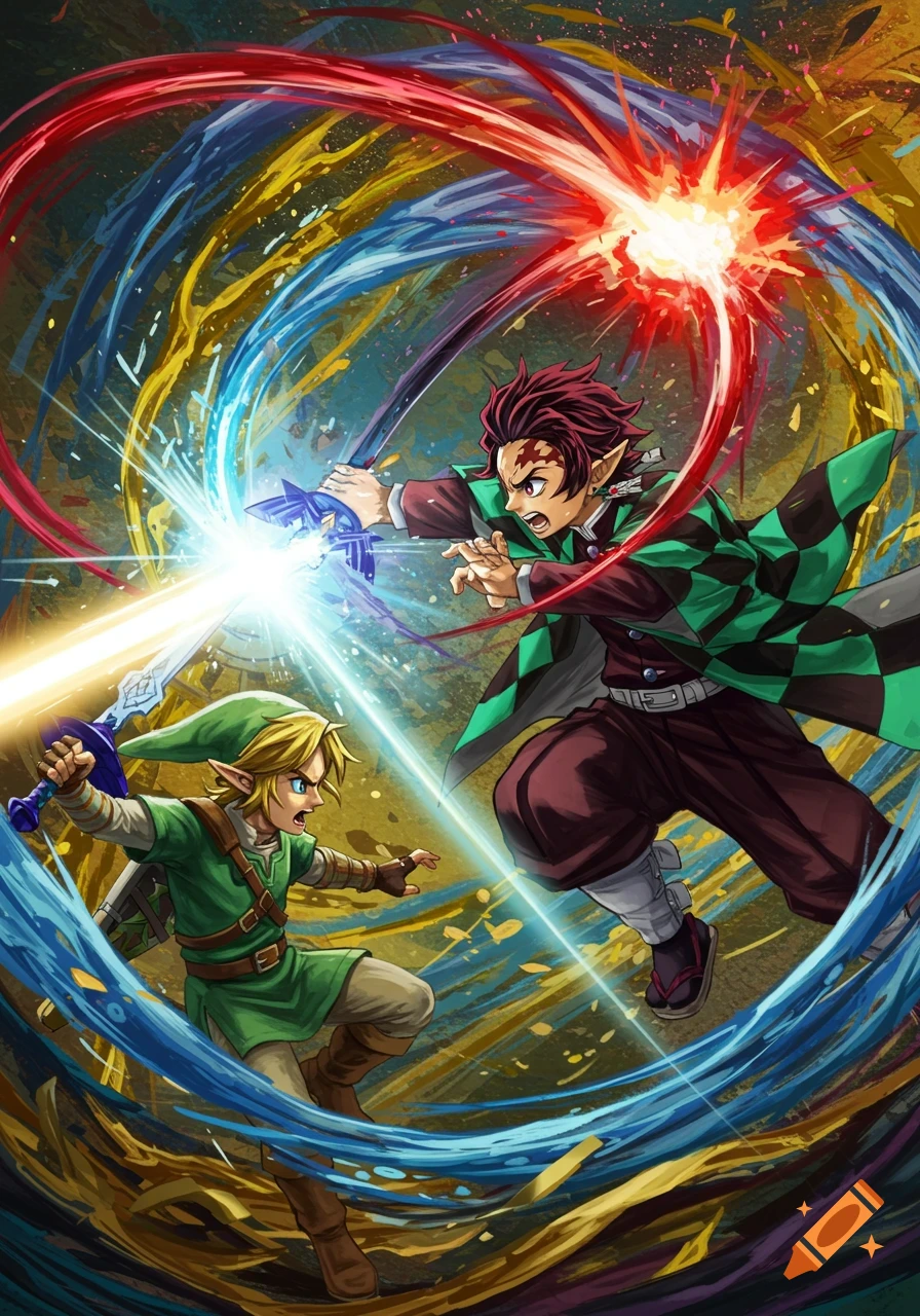 Link from Legend of Zelda and Tanjiro from Demon Slayer clash swords in ...