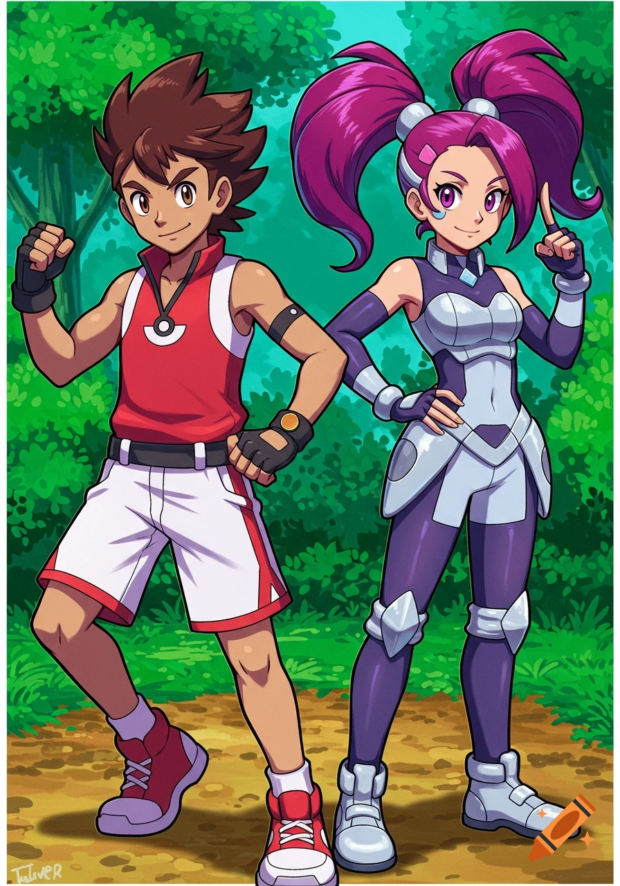 Anime illustration of a male and female Pokemon trainer standing in a ...
