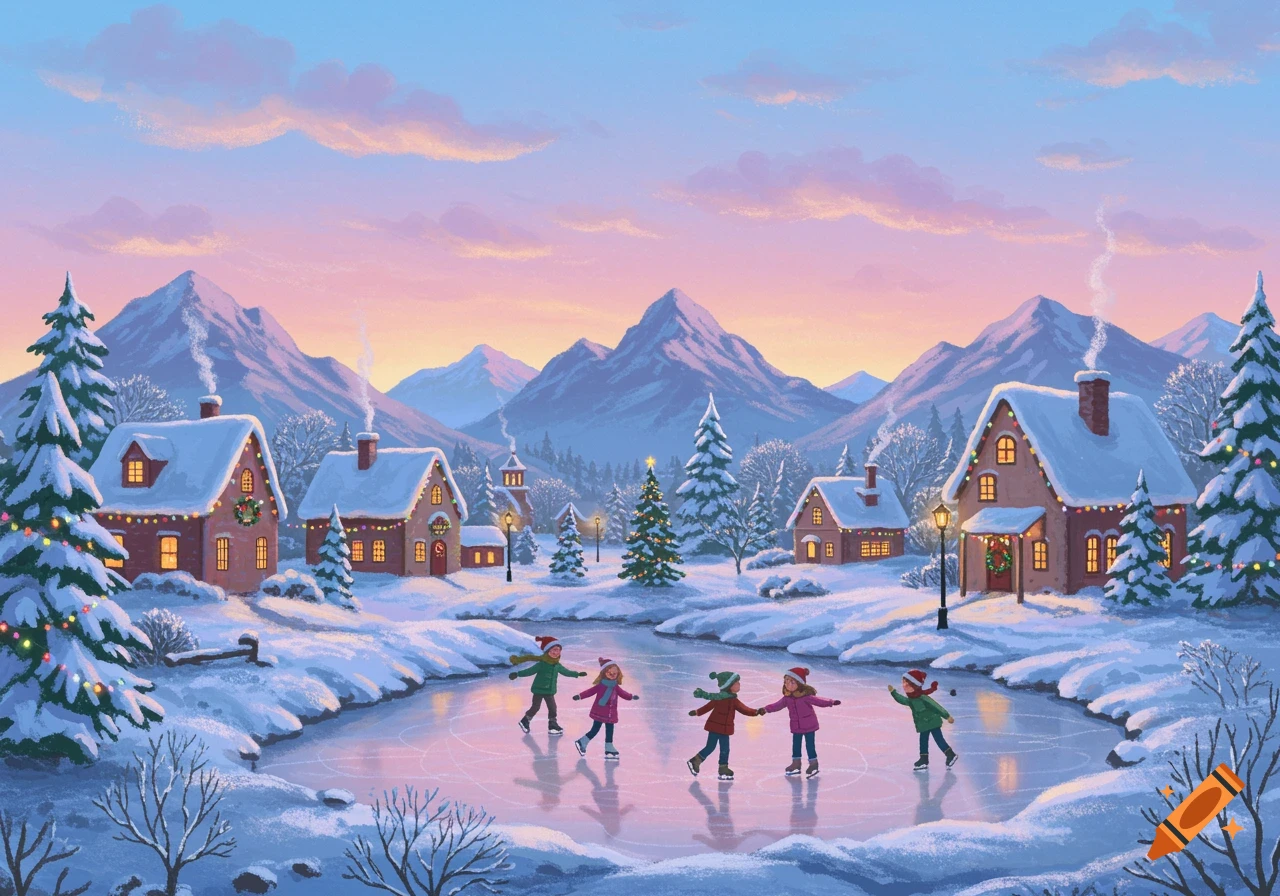 A colorful painting of children ice skating on a frozen pond in a snowy ...