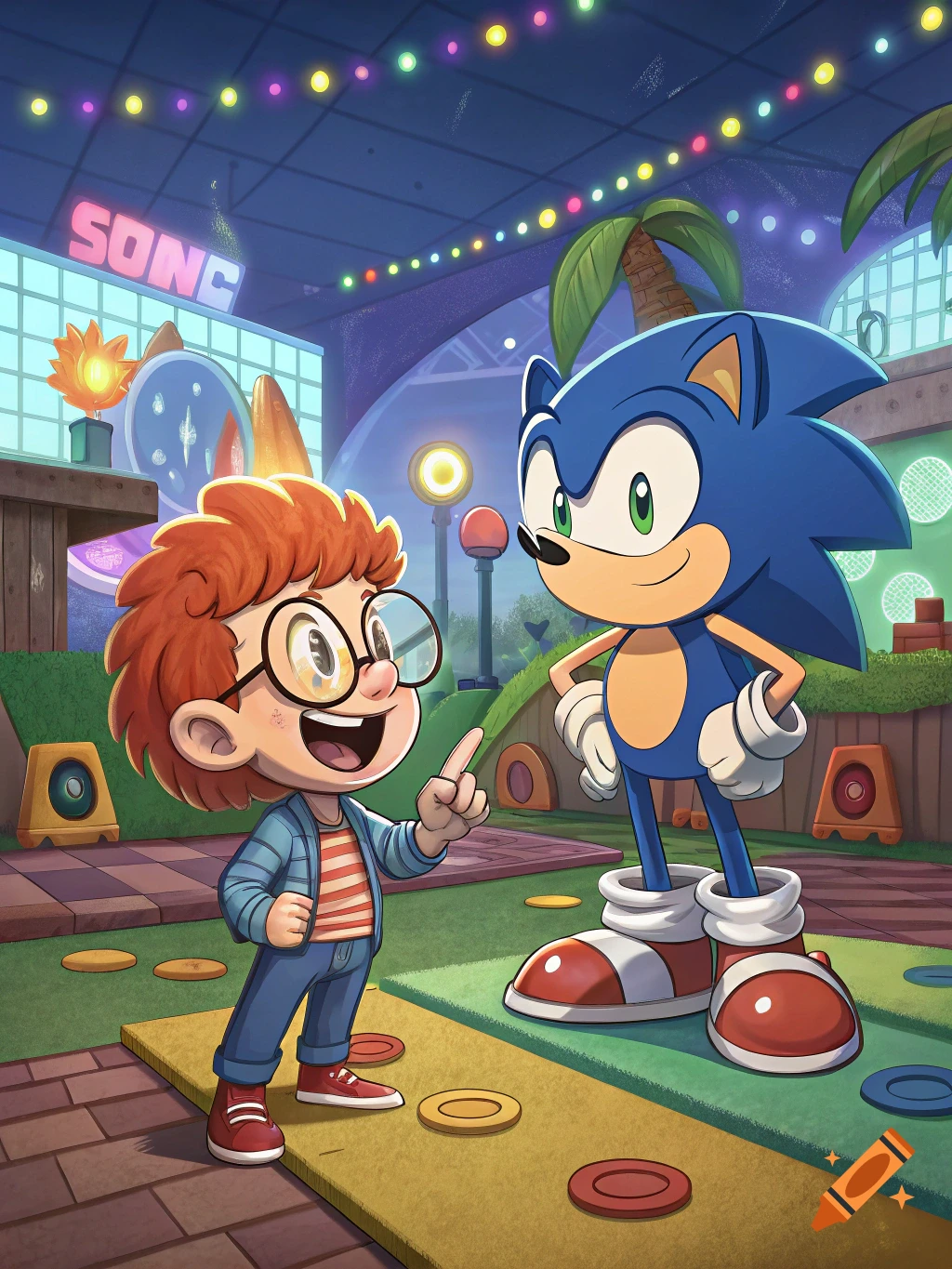 A ginger boy with glasses excitedly points towards Sonic the Hedgehog ...