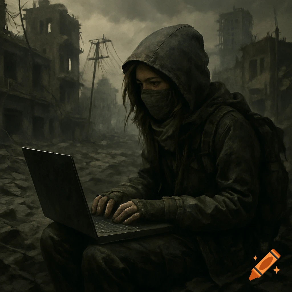 A person in a hooded jacket and face mask sits hunched over a laptop in ...