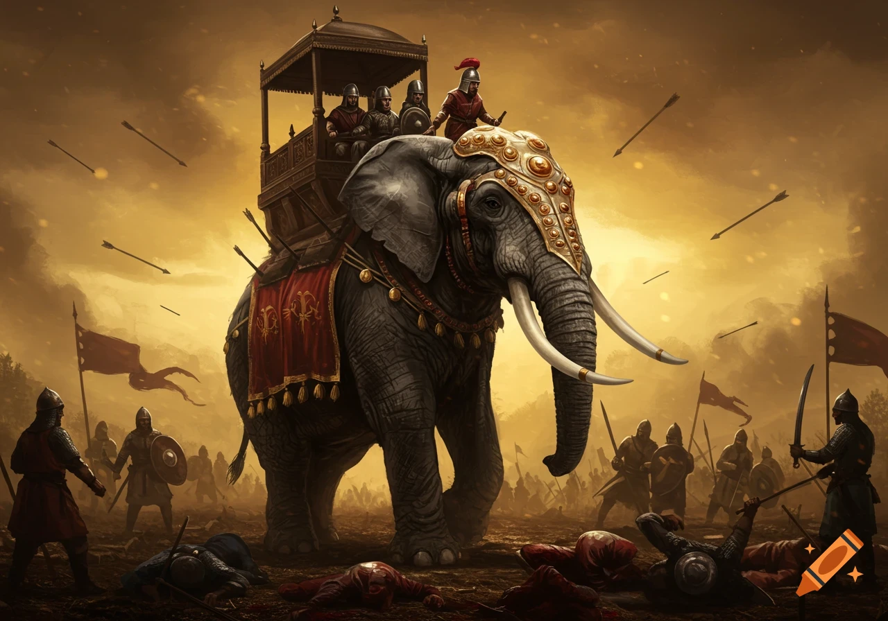 An armored elephant carrying soldiers charges through a chaotic ...