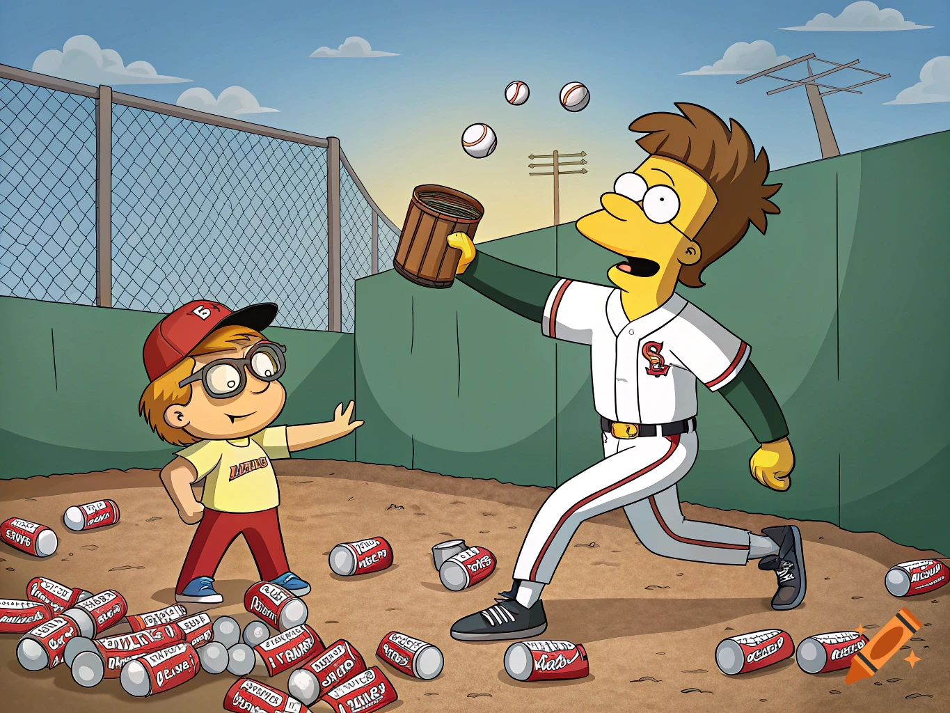 Simpsons-style man in baseball uniform juggling balls near a boy on a ...