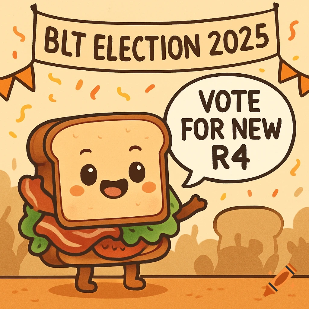 A cute cartoon BLT sandwich character at an election party, with a ...