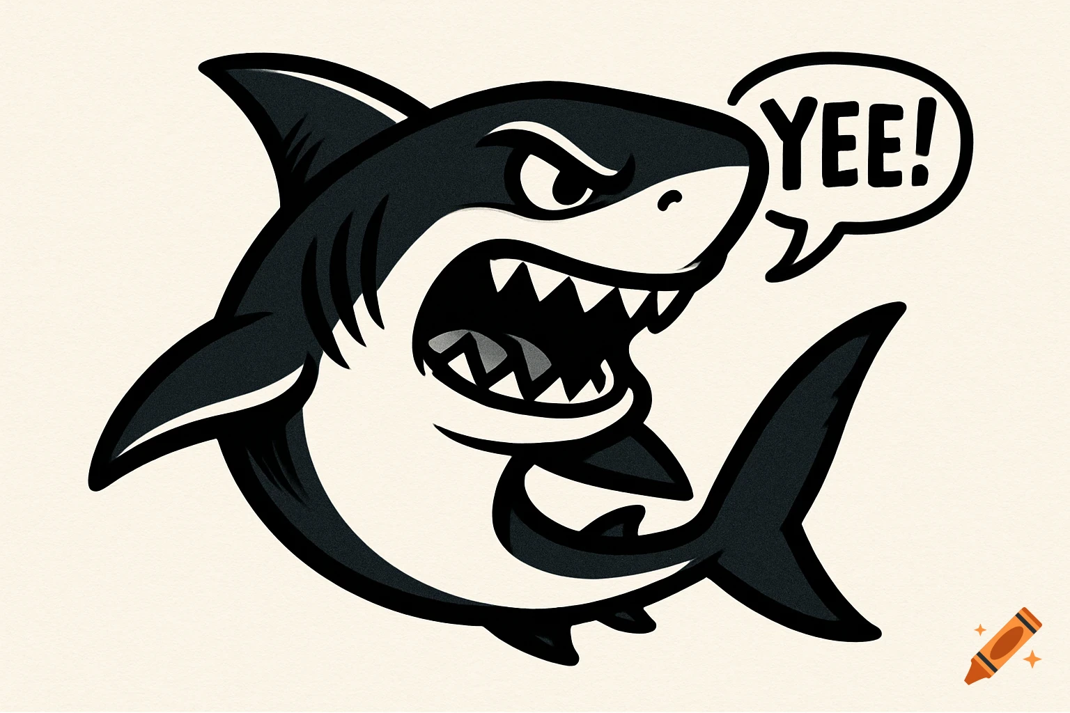 A stylized black and white cartoon shark with a speech bubble saying ...