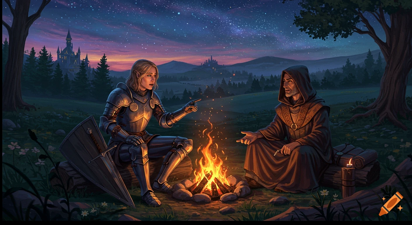 A female knight and a robed figure sit by a campfire under a starry sky ...