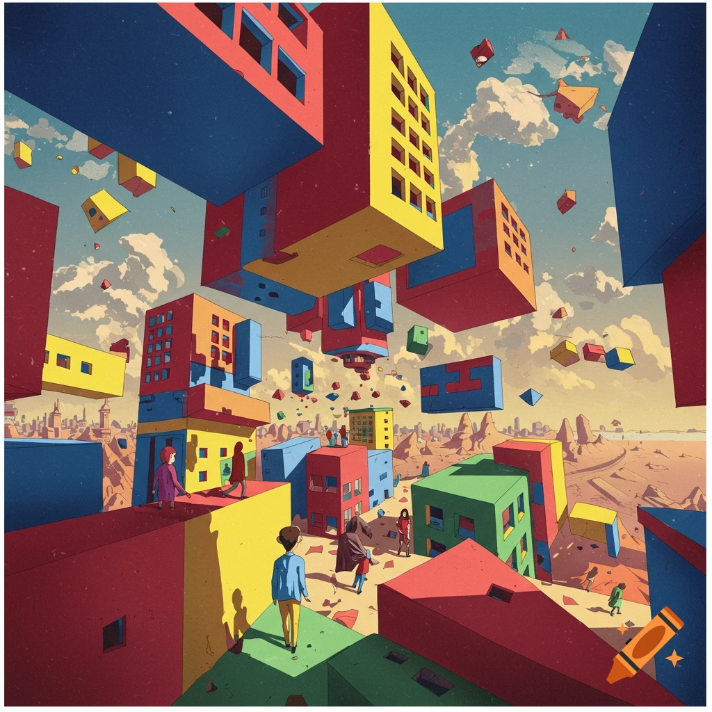 Colorful abstract buildings float in a surreal, dreamlike landscape with small figures wandering ...