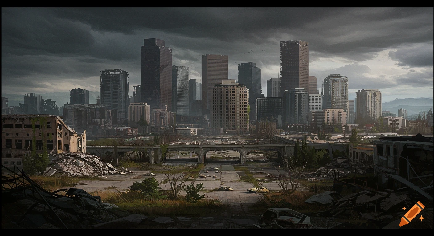 A dark, post-apocalyptic cityscape with ruined buildings, rubble-filled streets, and overgrown ...