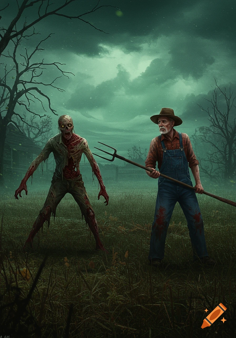 A zombie faces an old farmer with a pitchfork in a dark, stormy field ...