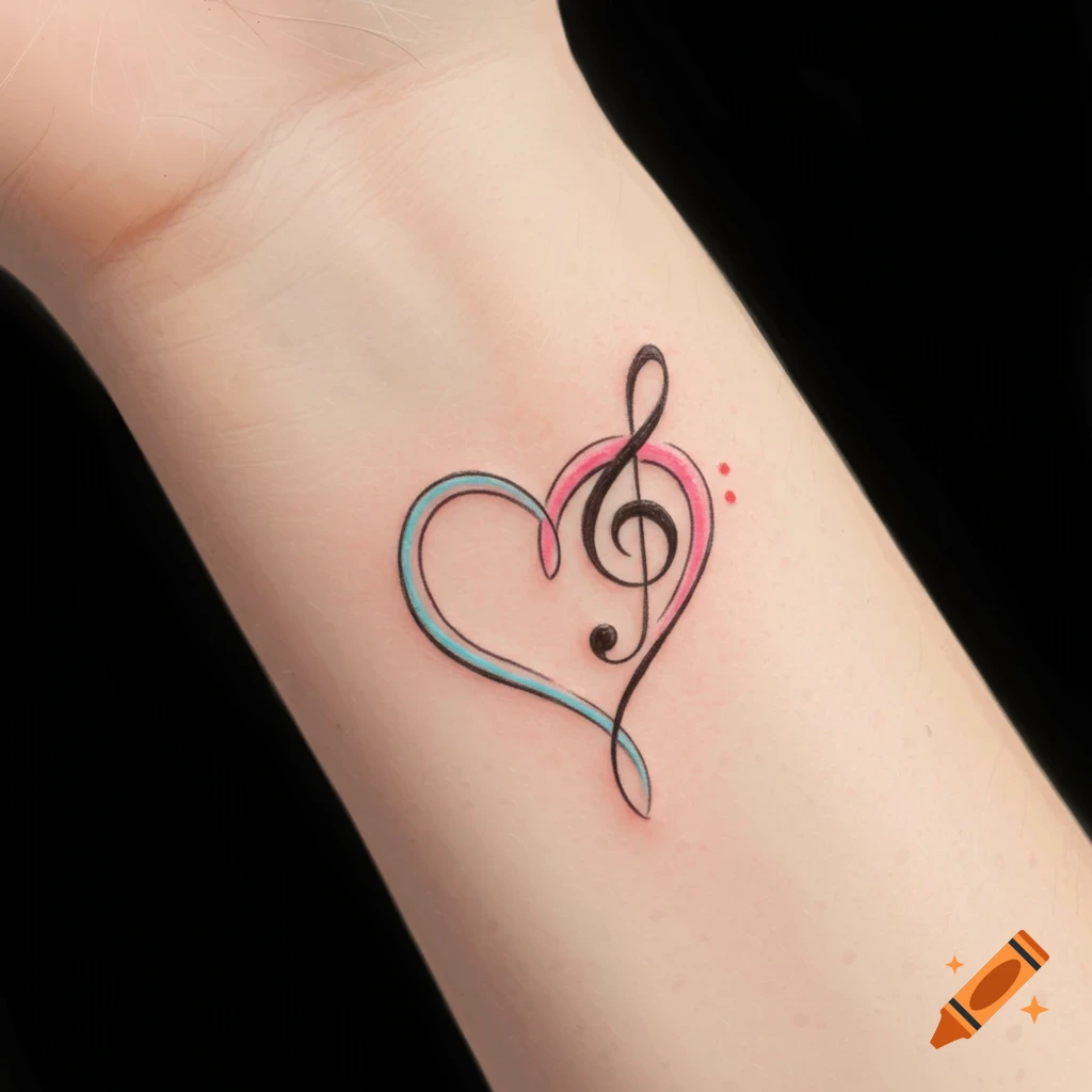 A small colorful heart and treble clef tattoo on a person's wrist. on ...