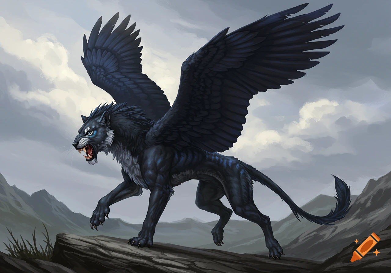 A fearsome black winged lion-wolf creature with blue eyes snarls on a ...