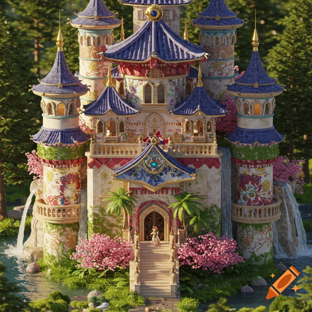 A whimsical, highly ornate castle with multiple blue-roofed turrets ...