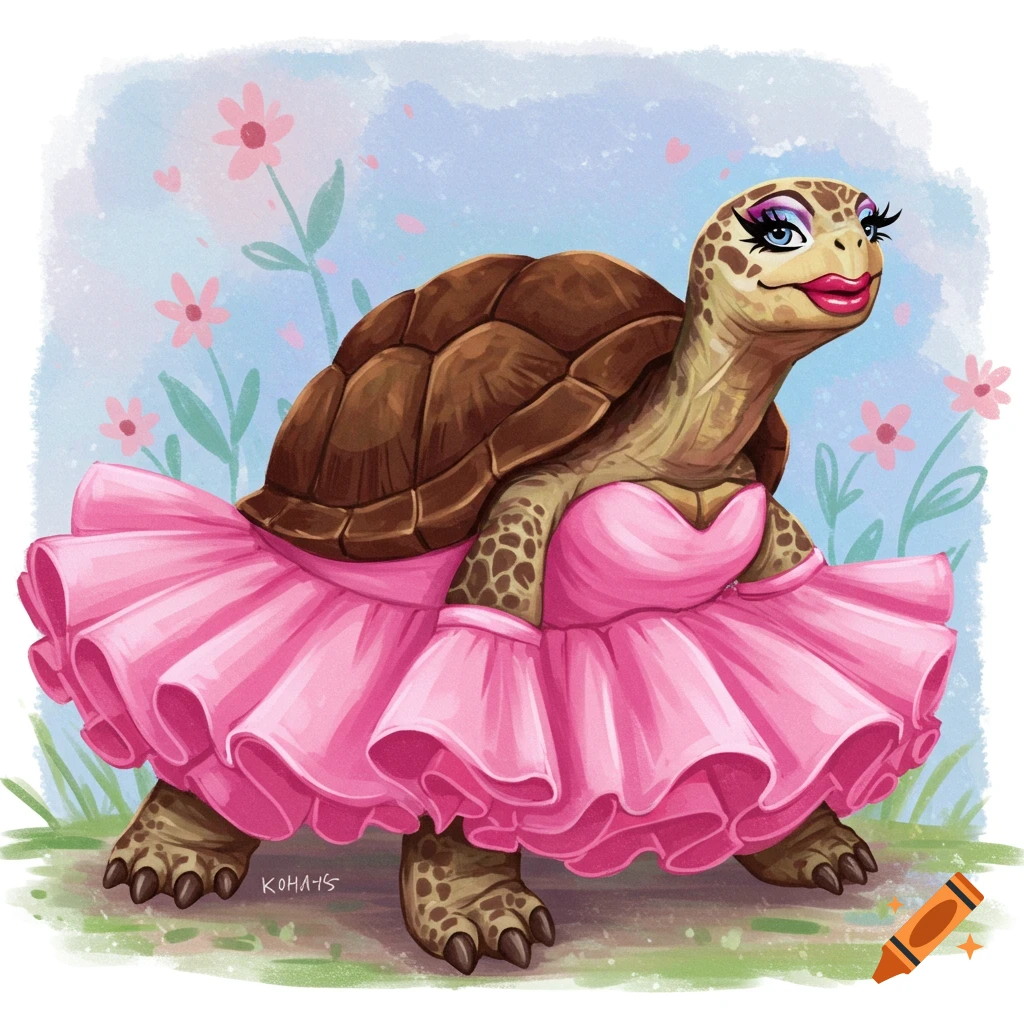 A turtle wearing a pink ruffled dress and heavy drag queen makeup ...