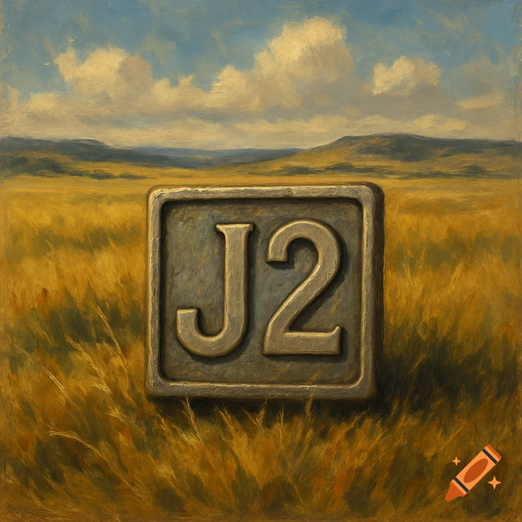 Oil painting of a 'J2' insignia plaque in a golden prairie field under ...