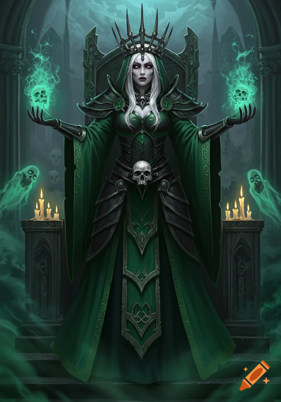 A dark fantasy art illustration of a female death cleric on a gothic ...