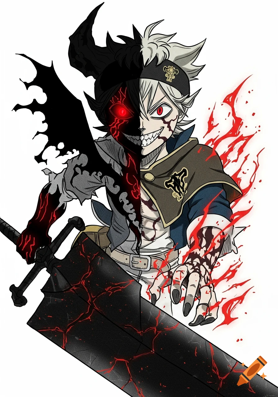 Manga-style illustration of Asta from Black Clover in half-demon form ...