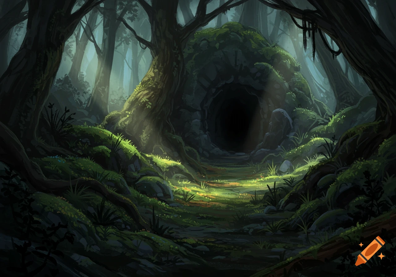 A dark, stylized forest scene with light rays illuminating mossy ground leading to a mysterious ...