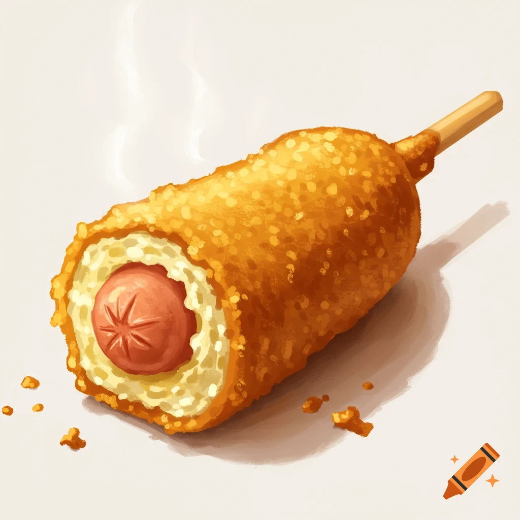 A detailed digital illustration of a golden-brown corn dog on a stick ...